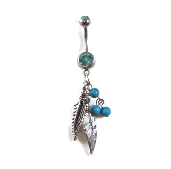 Feather And Blue Bead Belly Ring on Luulla